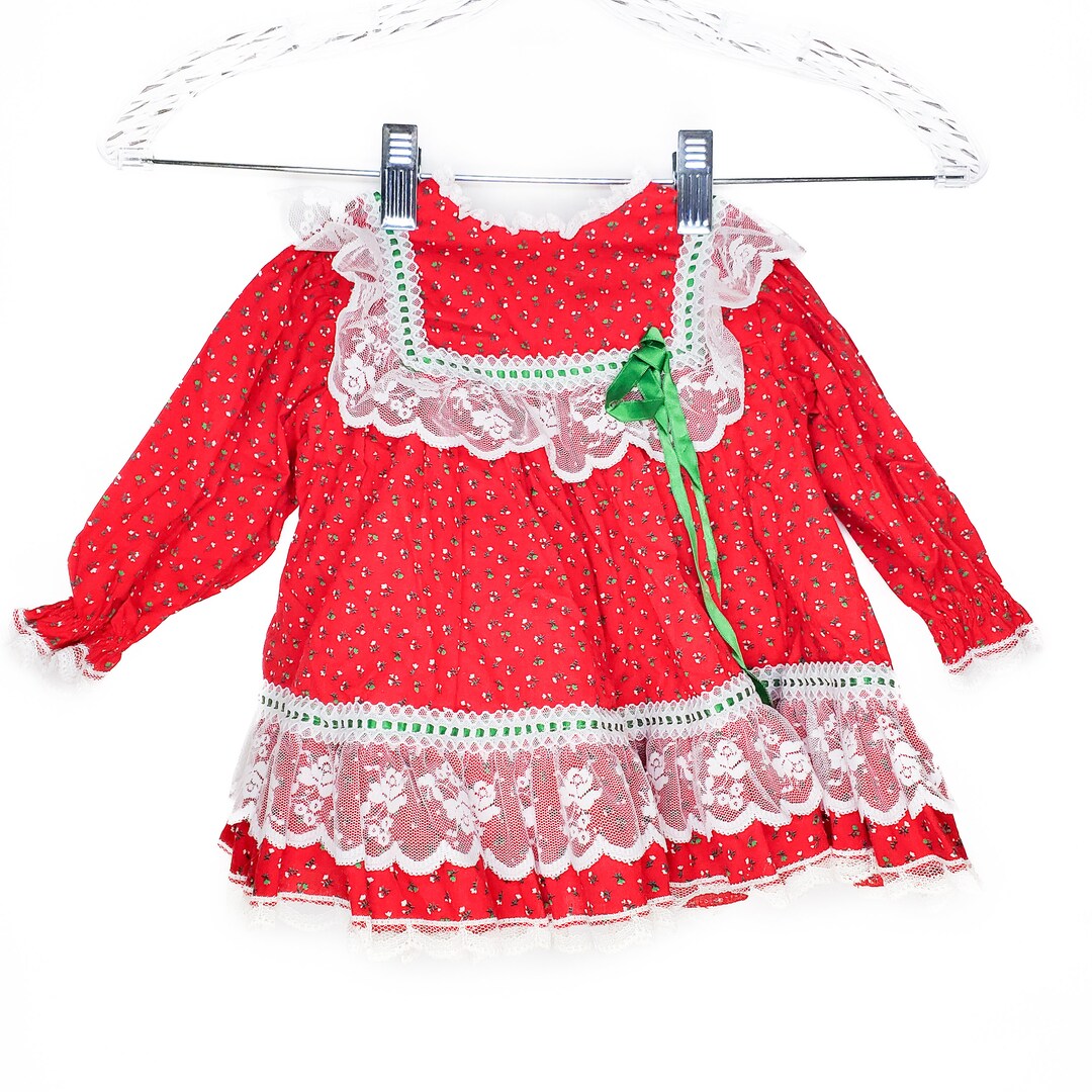 Vintage Red Floral Bryan Baby Dress With Frilly Lace Detail and Ribbon ...
