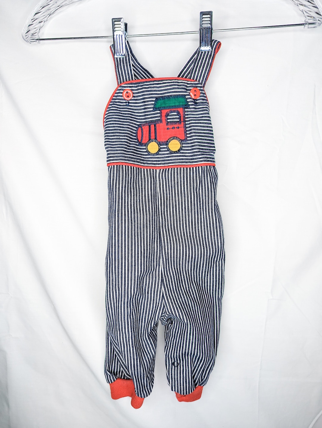 Vintage Striped Conductor Baby Overalls With an Embroidered Train ...
