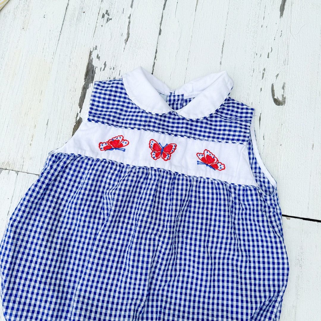 Vintage Blue & White Gingham Collared Baby Bubble Romper With Butterfly ...