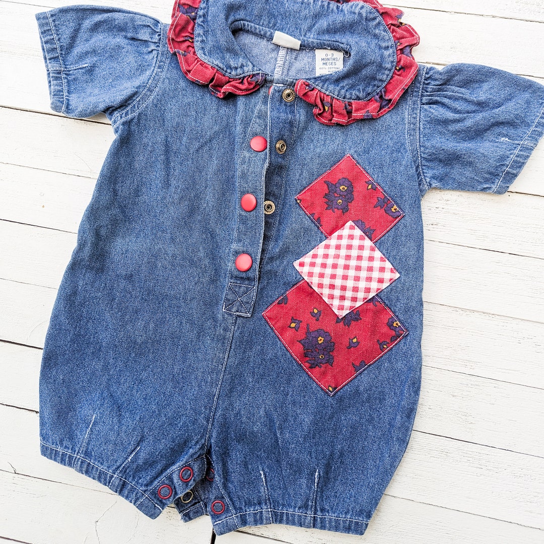 Vintage Denim Collared Baby Bubble Romper With Red Fabric - Etsy