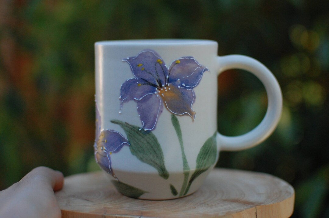 Handmade Flowers Ceramic Mug - Watercolor Purple Lily- Coffee Mug 300ml ...