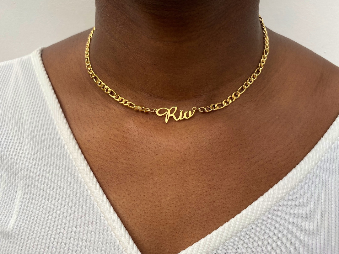 Personalized Name Necklace: 18K Gold Figaro Chain Choker - Etsy