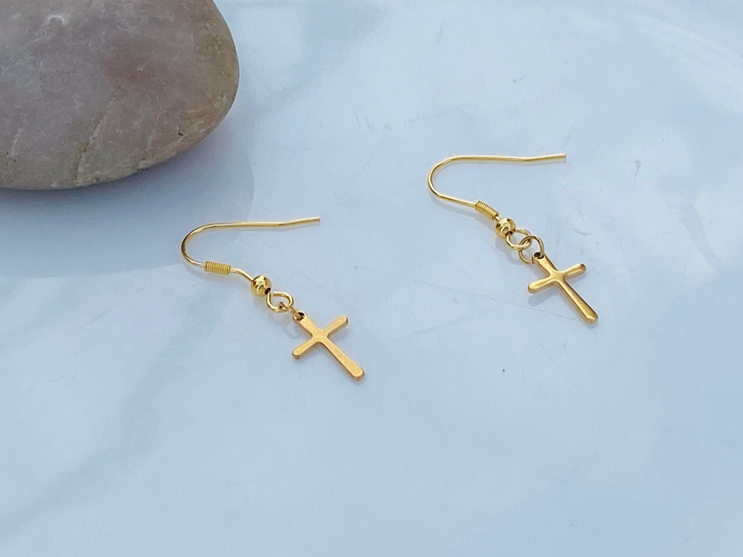 Dainty Jesus Cross Drop Charm Earrings, Gold & Silver Religious Cross ...