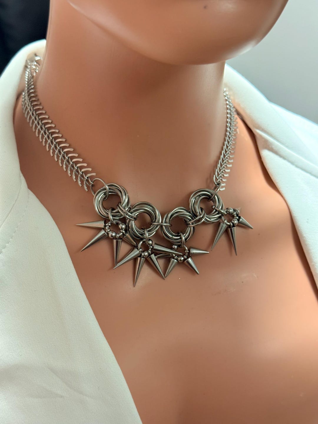 Silver Steel Fish Bone Skeleton Herringbone Spine Chainmaille Collar ...