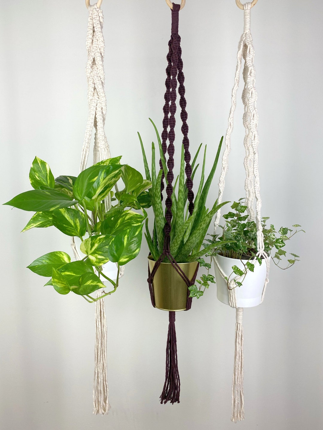Set of 3 Plant Hangers | 3 Different Styles | Cotton | Wooden Ring ...