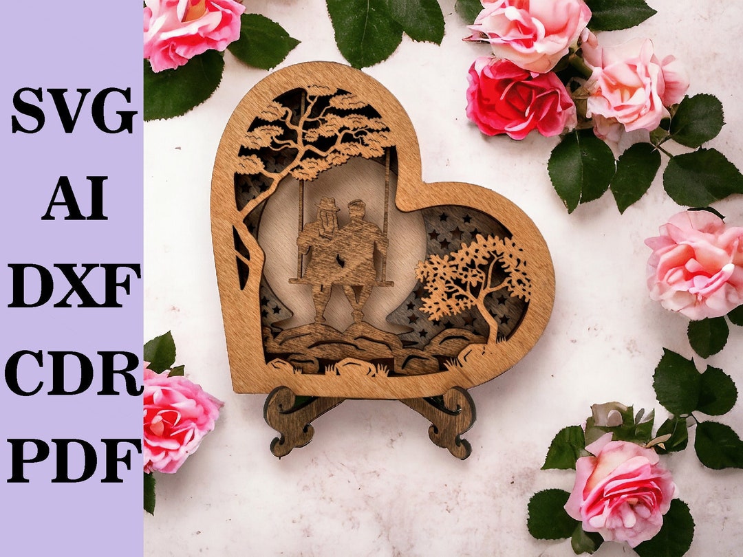 Wooden Heart Laser Cut Template With Couple on a Swing by the River ...