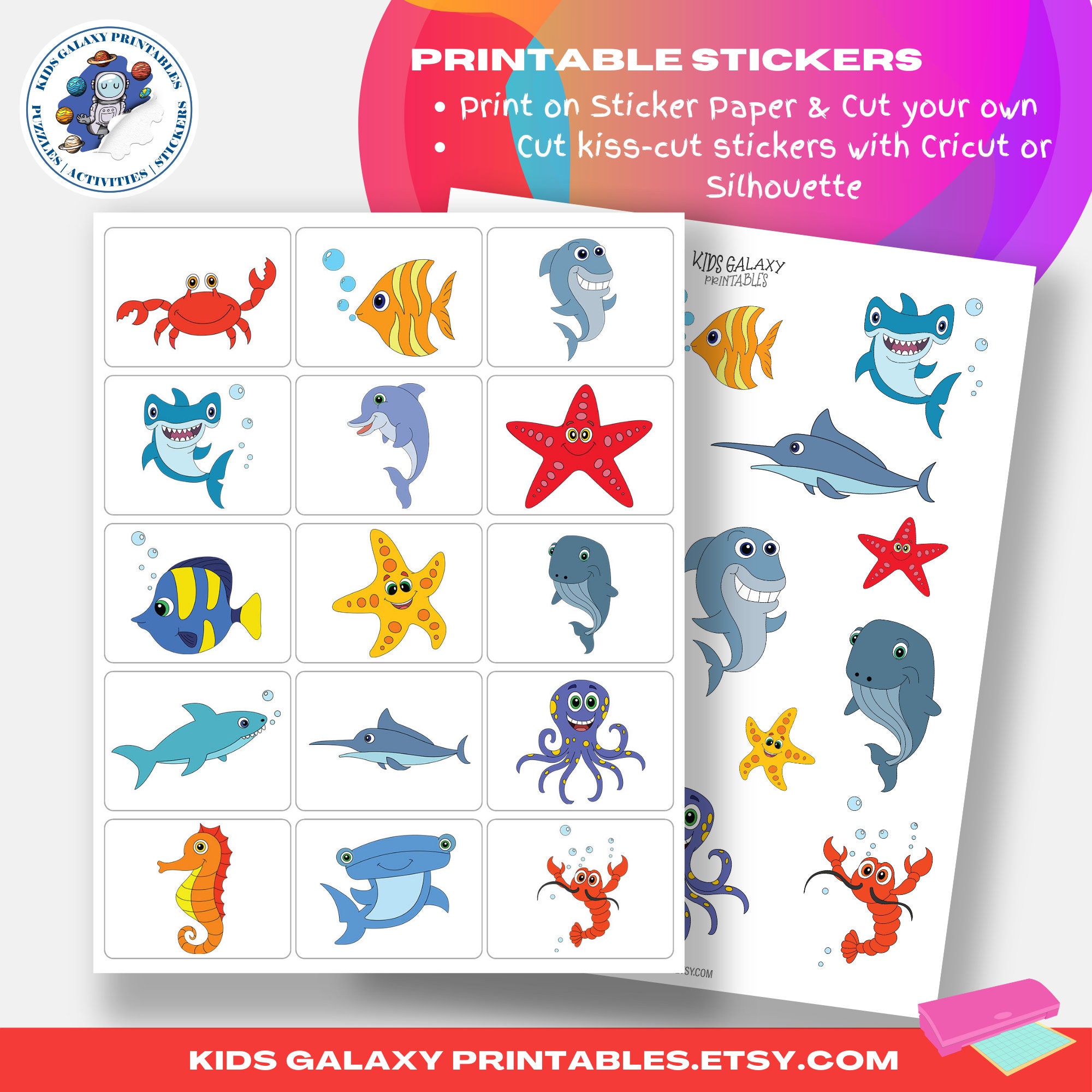 Sea Creature Stickers, Kids Stickers, Cute Digital Stickers, PDF | PNG ...