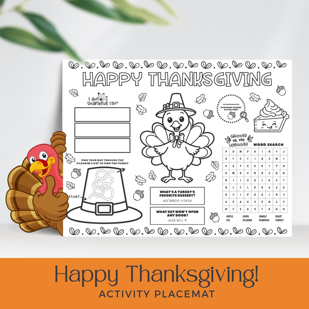 Thanksgiving Placemats for Coloring, Printable Kids Activity Mat ...
