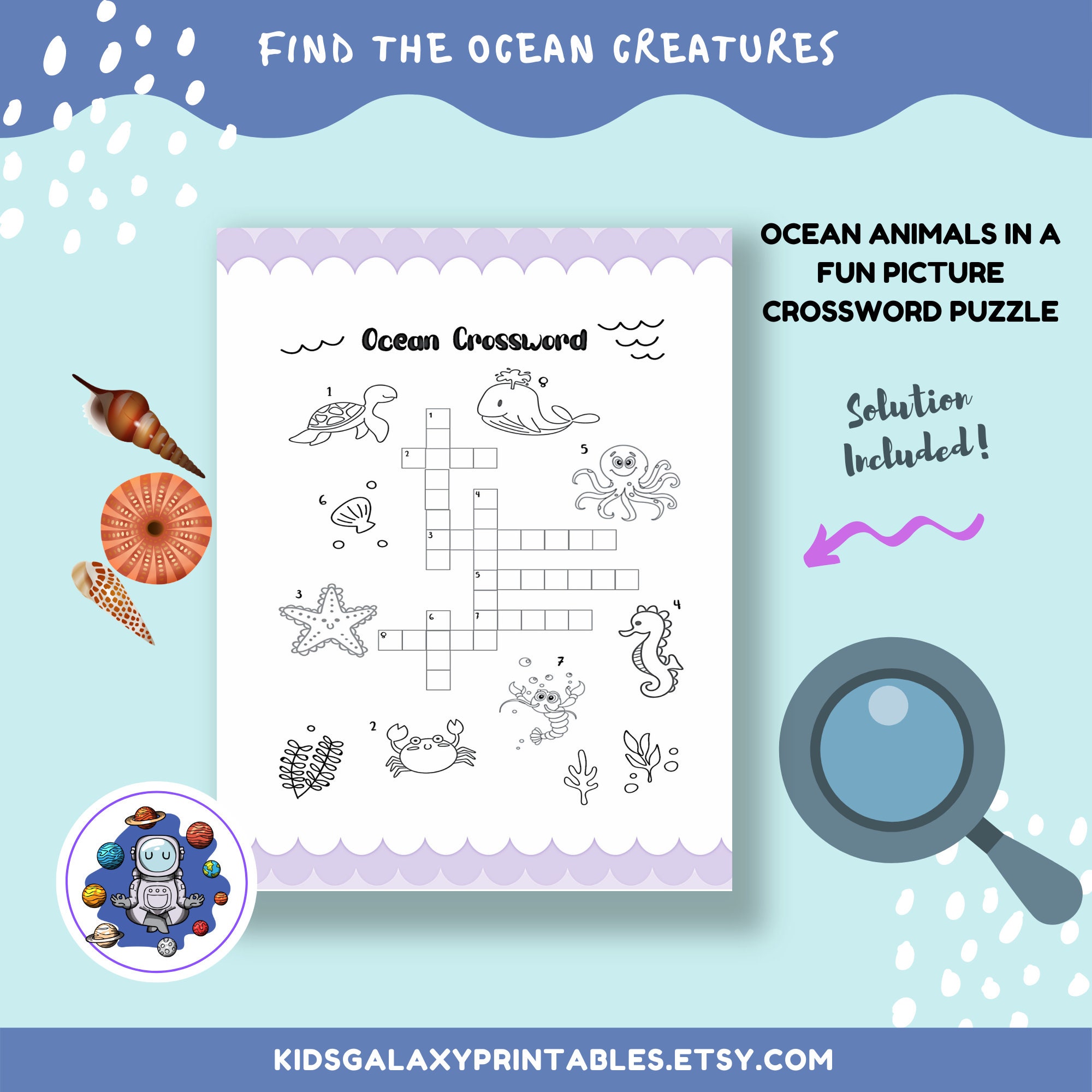 Ocean Animals Picture Crossword Puzzles | Kids 8-10 Yrs | Sea, Aquatic ...