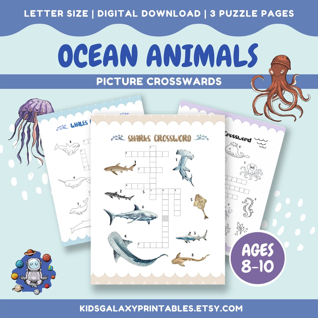 Ocean Animals Picture Crossword Puzzles | Kids 8-10 Yrs | Sea, Aquatic ...