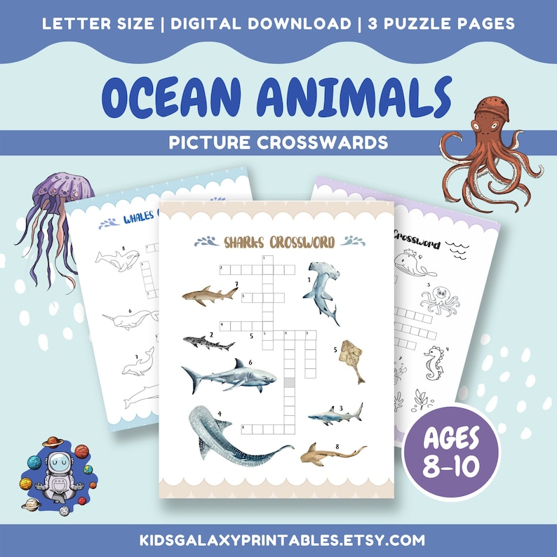 Ocean Animals Picture Crossword Puzzles | Kids 8-10 Yrs | Sea, Aquatic ...
