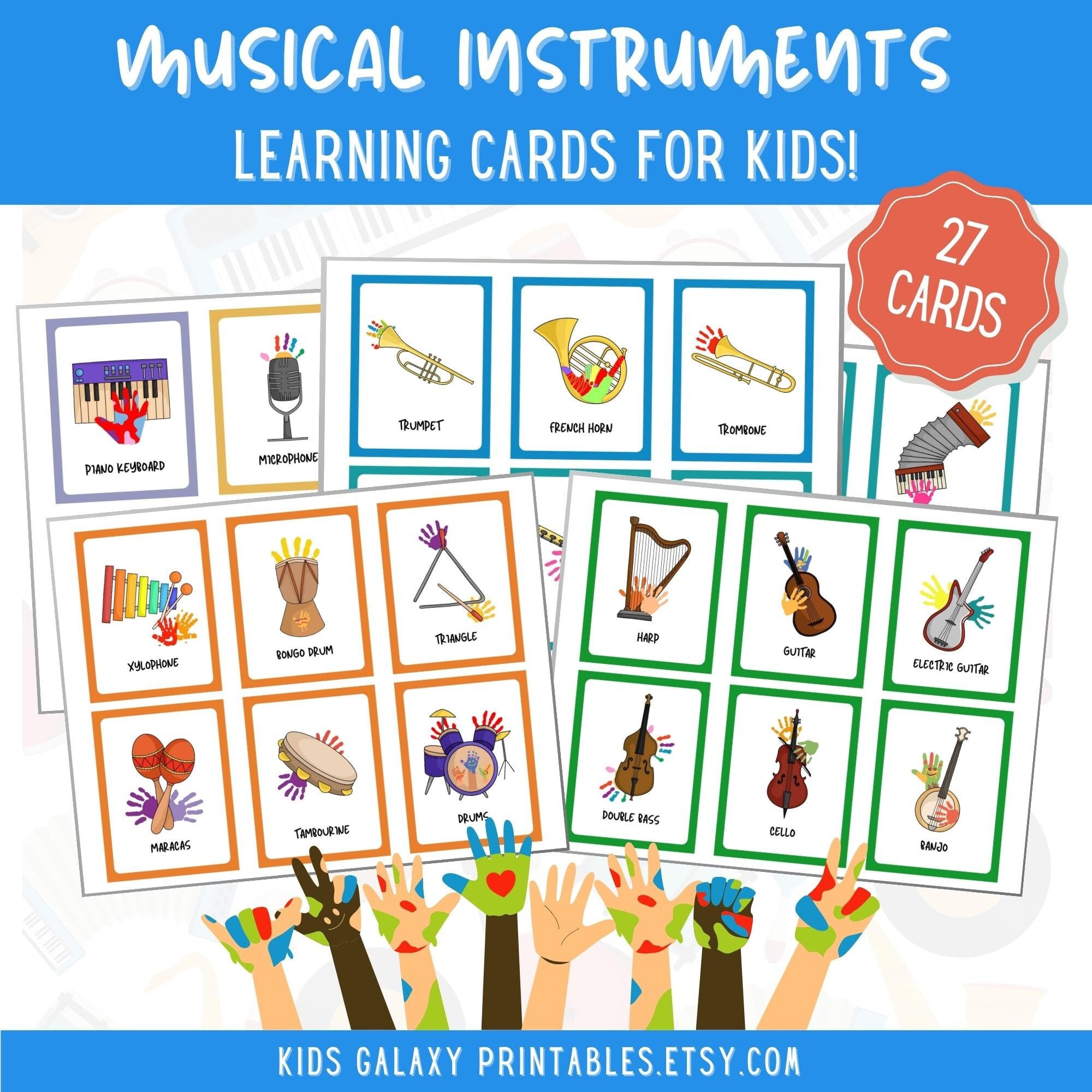 Musical Instruments Learning Cards for Kids With Hand Art 27 ...