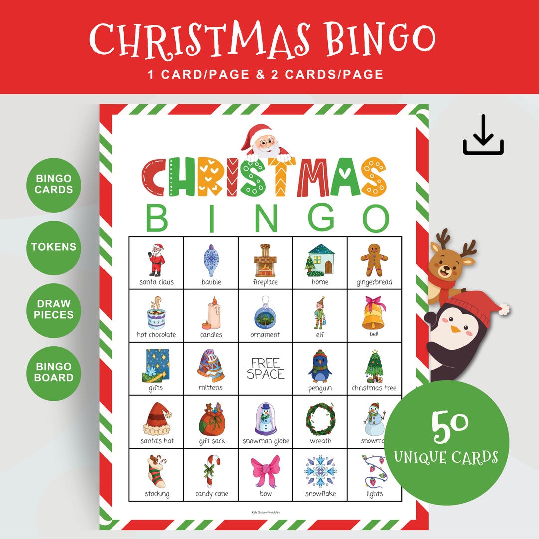 Christmas Bingo, 50 Printable Cards for Family Fun, Kids Christmas Game ...