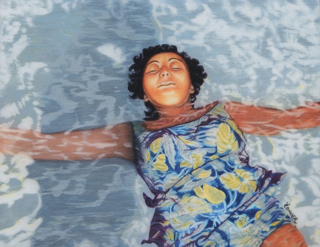 Colored Pencil Lady Peacefully Floating in Water Print, Tranquility Art ...