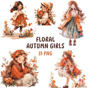 Floral Autumn Little Girls Clipart, PNG Watercolor Folk Portrait Girl ...