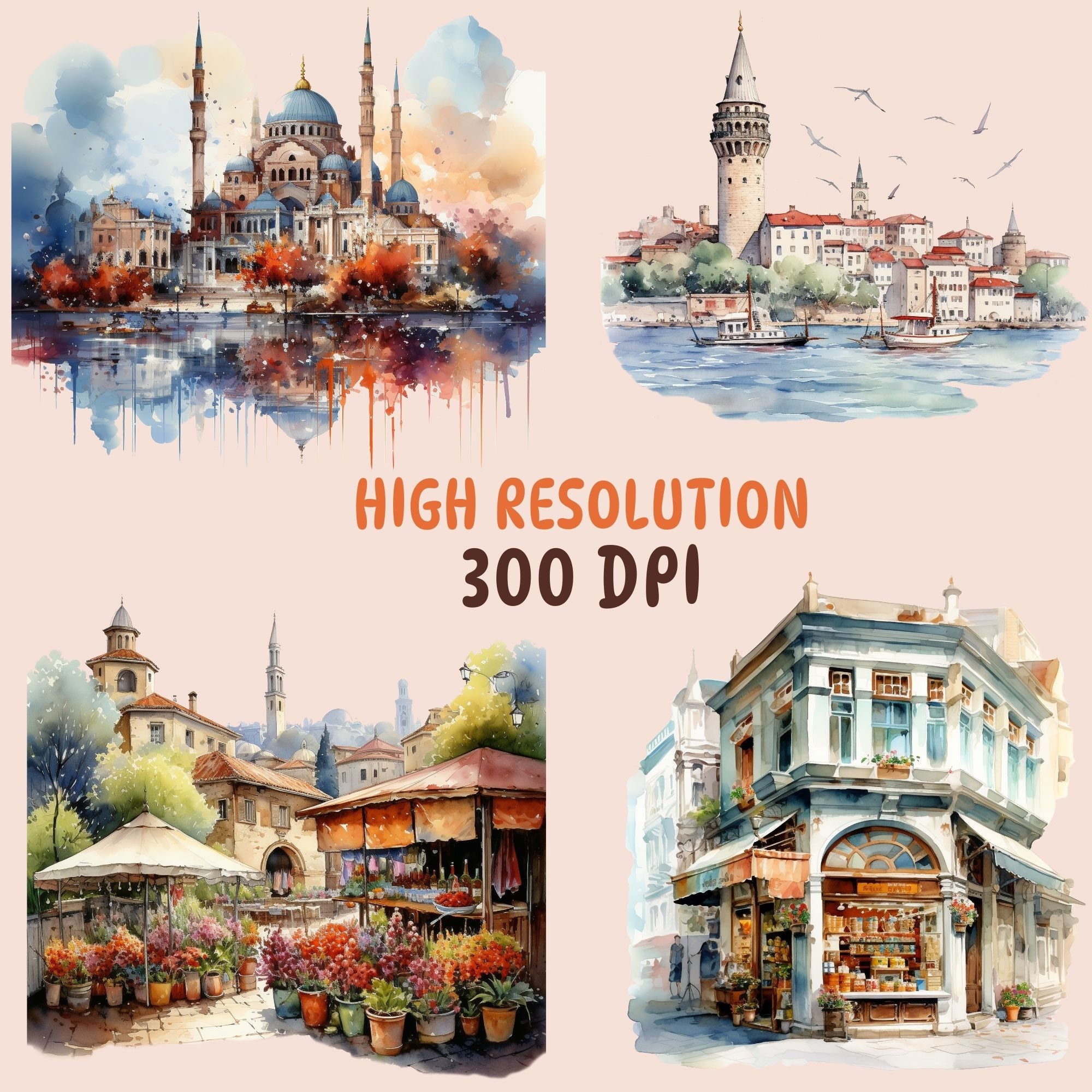 Watercolor İstanbul Clipart, Maiden's Tower, Türkiye Istanbul Landmarks ...