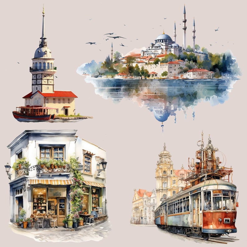 Watercolor İstanbul Clipart, Maiden's Tower, Türkiye Istanbul Landmarks ...