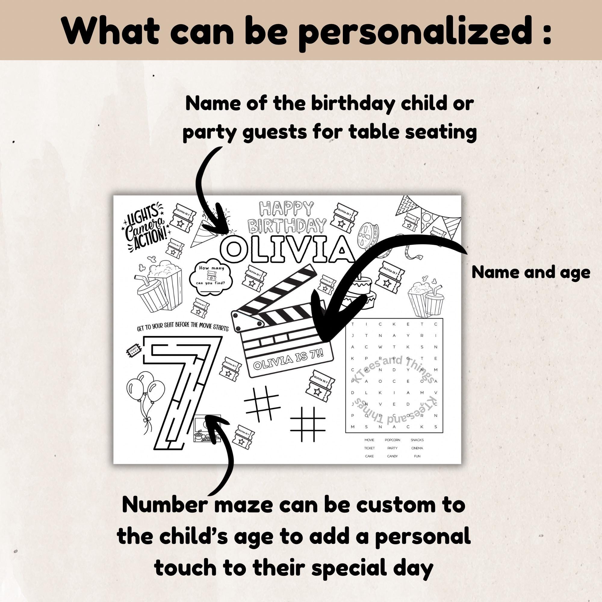 Personalized Movie Party Activity Sheet - Themed Coloring Sheets for ...