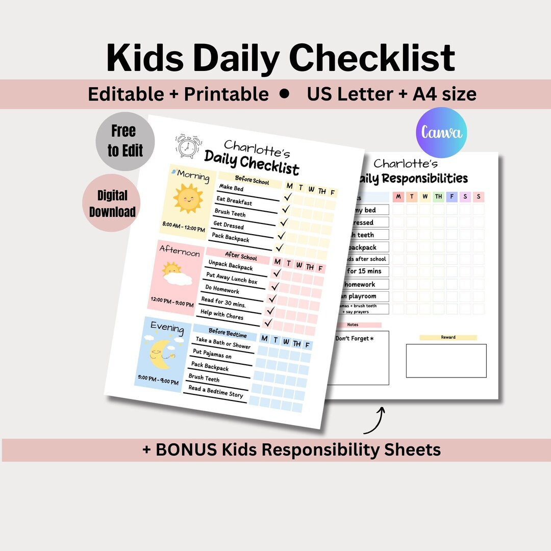 Kids Daily Checklist - School Day Checklist - Kids Routine Checklist ...