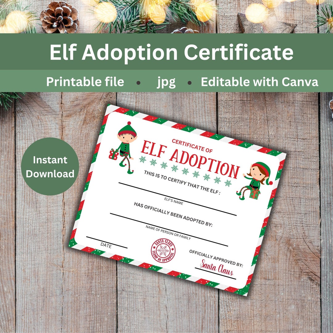Elf Adoption Certificate - Elf Adoption - Christmas Elf Certificate ...