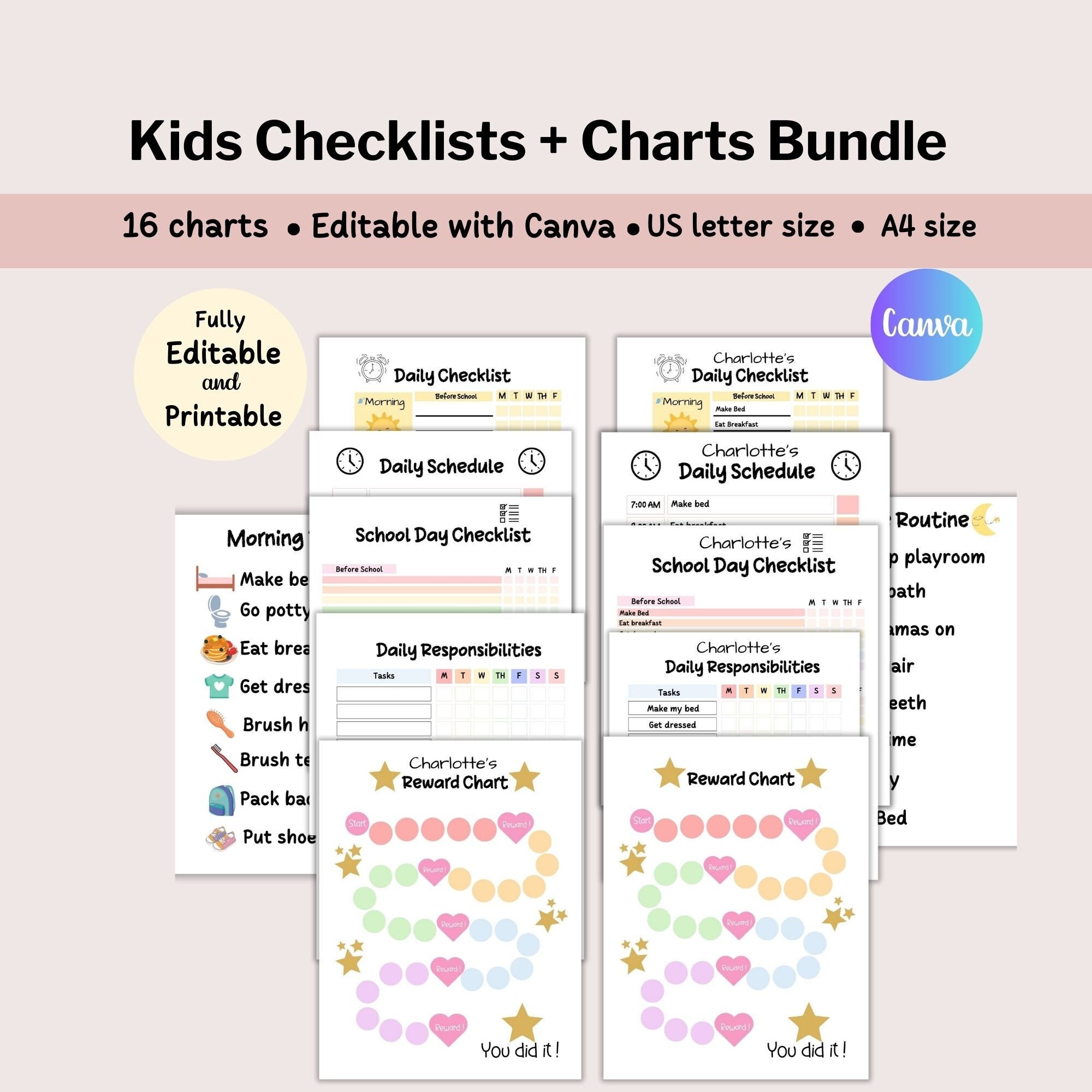 Kids Checklists and Charts Bundle - School Day Checklist - Reward Chart ...