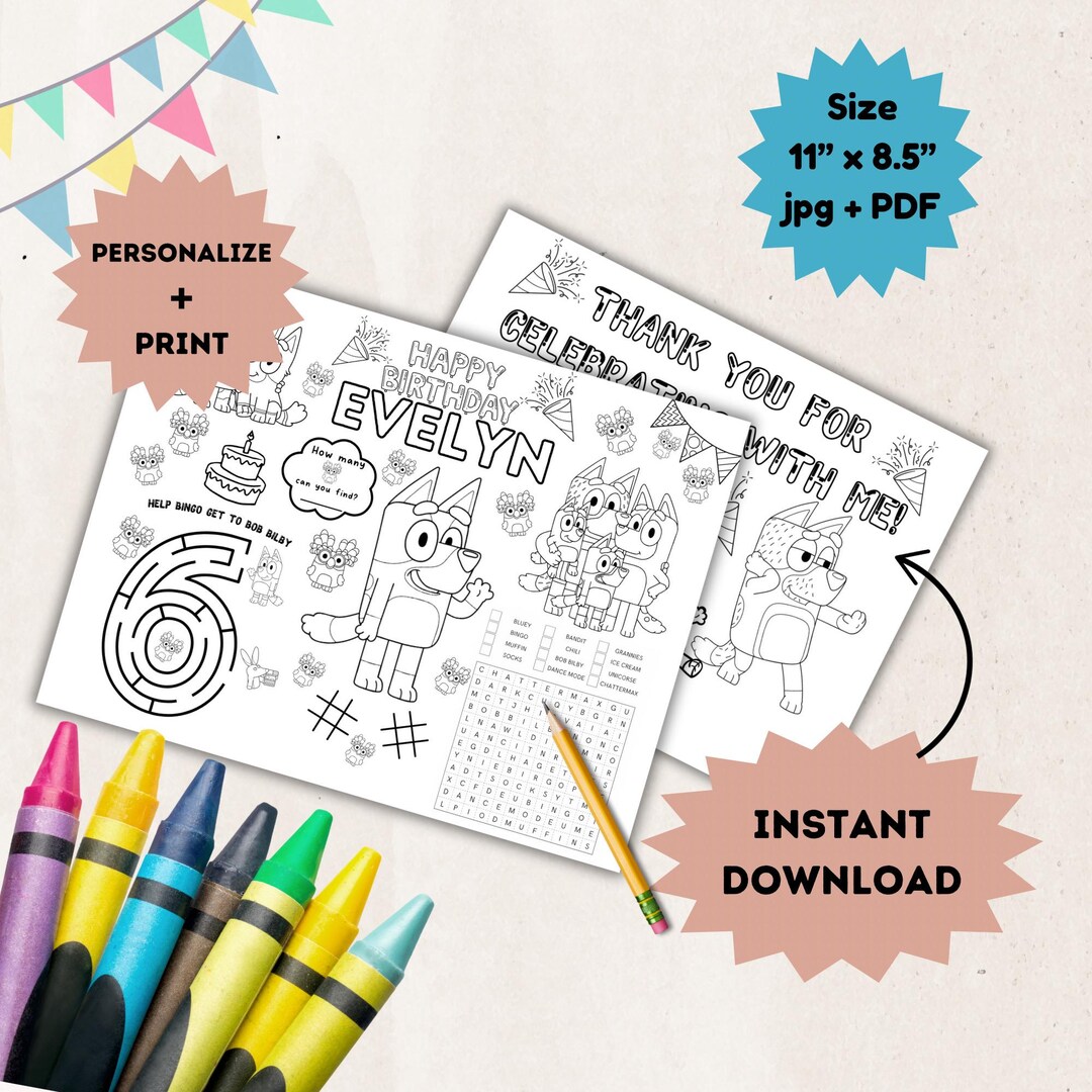 Personalized BLUEY Inspired Activity Sheet - Themed Coloring Sheets for ...