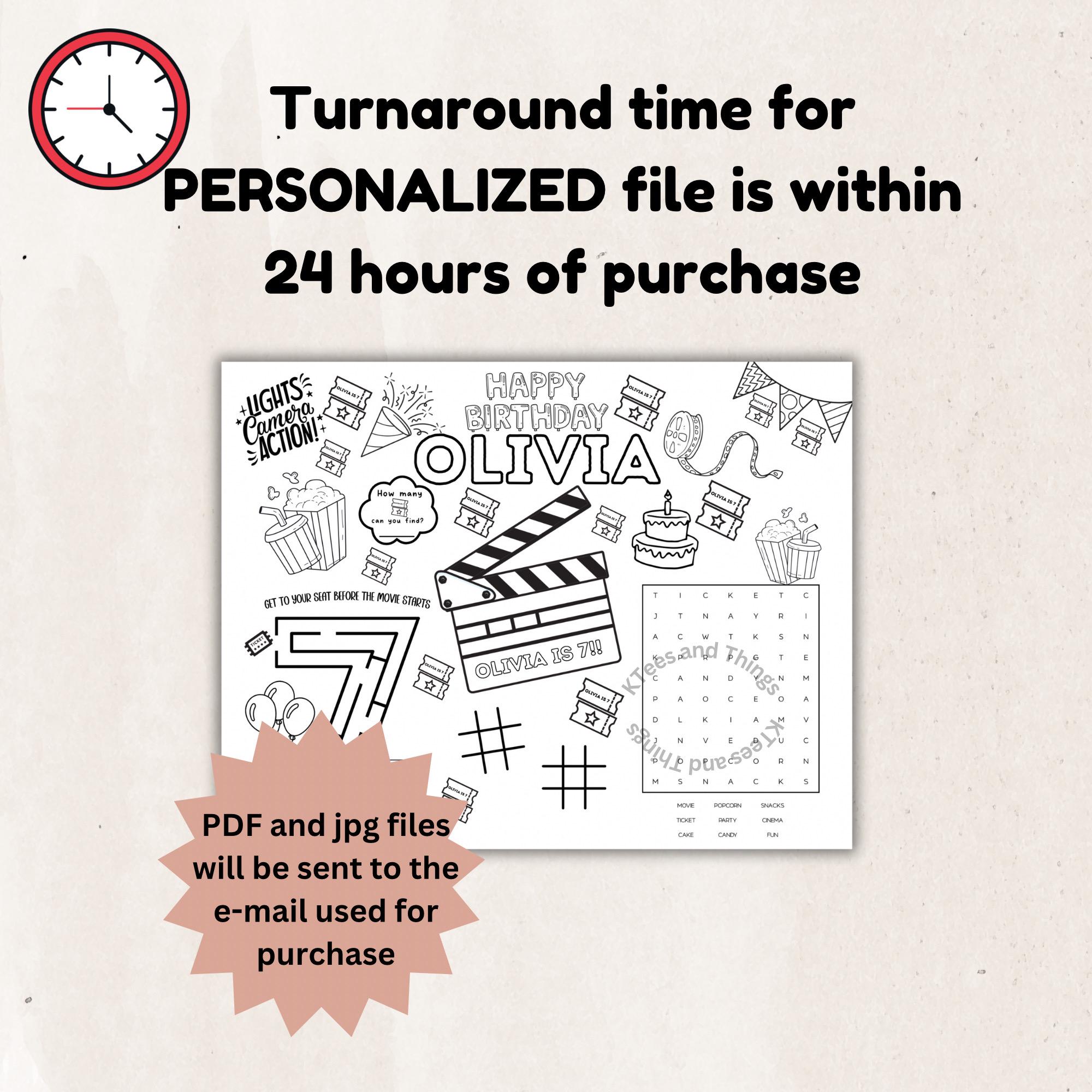 Personalized Movie Party Activity Sheet - Themed Coloring Sheets for ...