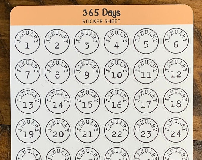 365 Days Circle Stickers With Old Type or Stamp Style Font Each Day of ...