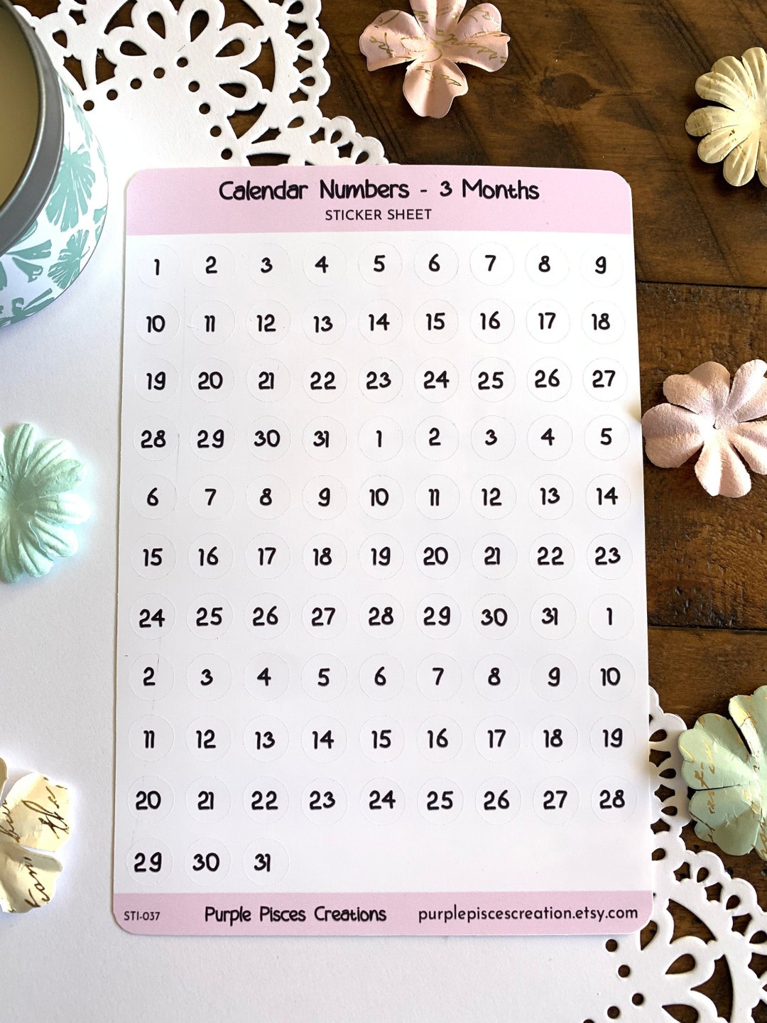 Calendar Number Circle Stickers | 3 Months (days 1-31) Stickers Kiss ...