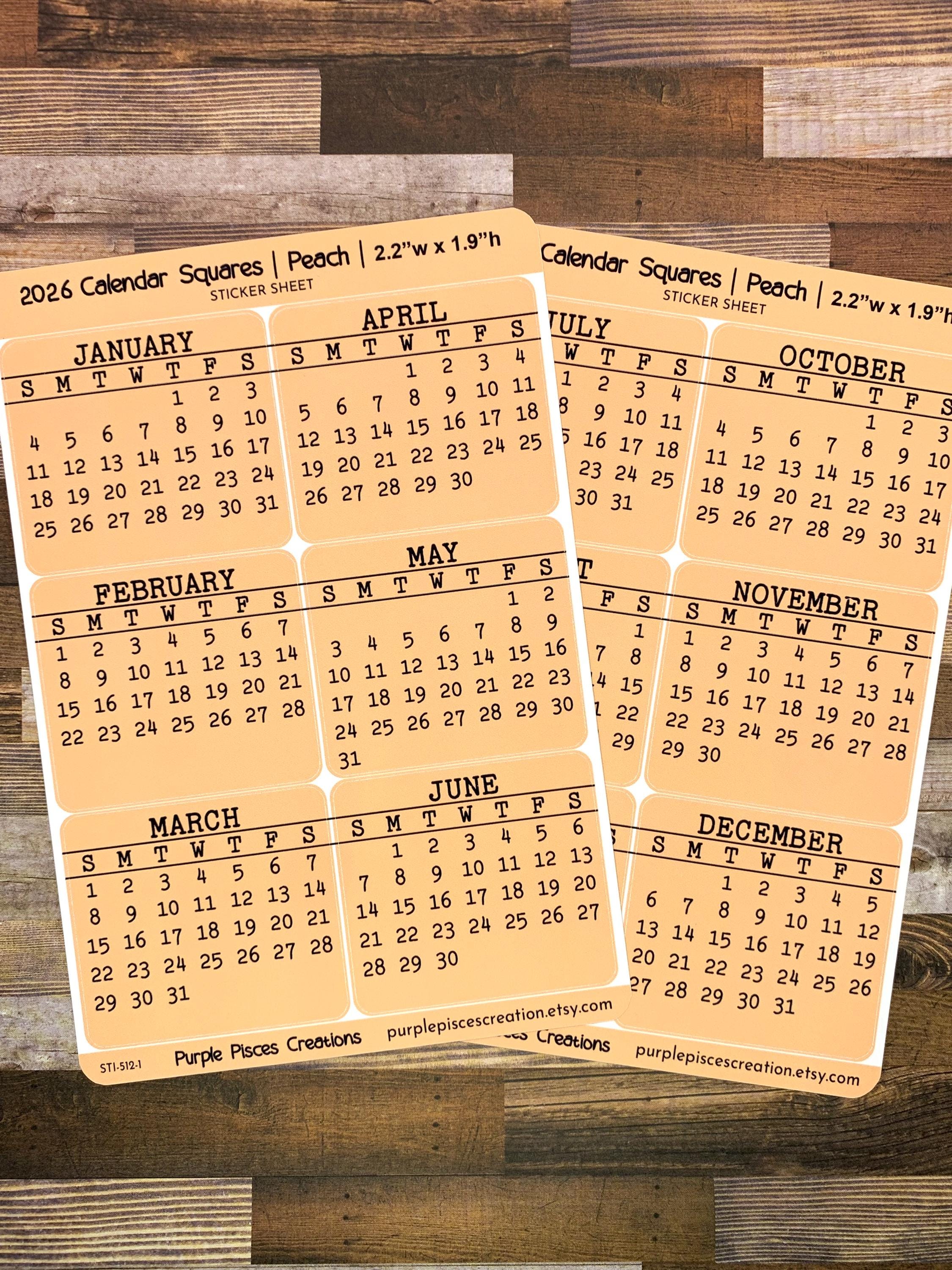 2026 Calendar Squares Sticker Sheet | Rounded Squares | Choice of 7 ...