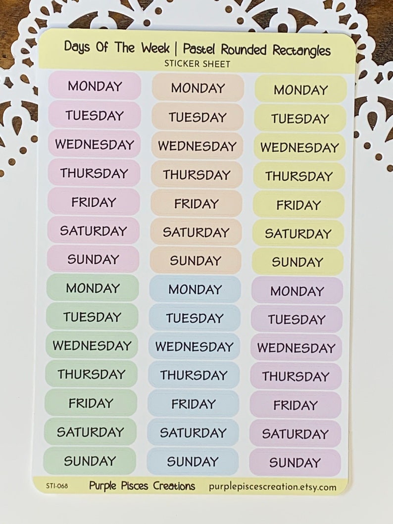 Days of the Week Pastel Theme Rounded Rectangles Sticker - Etsy