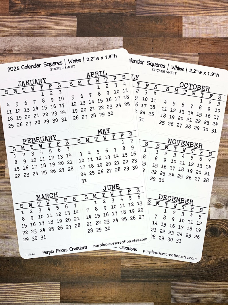 2026 Calendar Squares Sticker Sheet | Rounded Squares | Choice of 7 ...