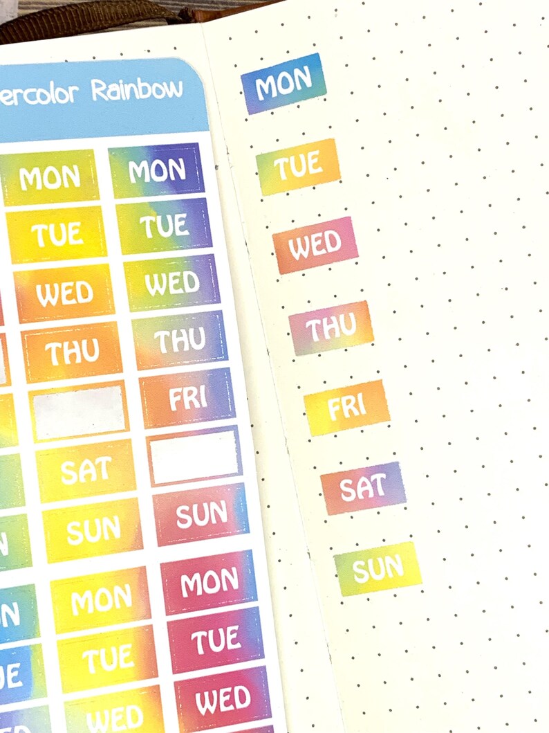 Abbreviated Days of the Week Sticker Sheet | Watercolor Rainbow Color ...