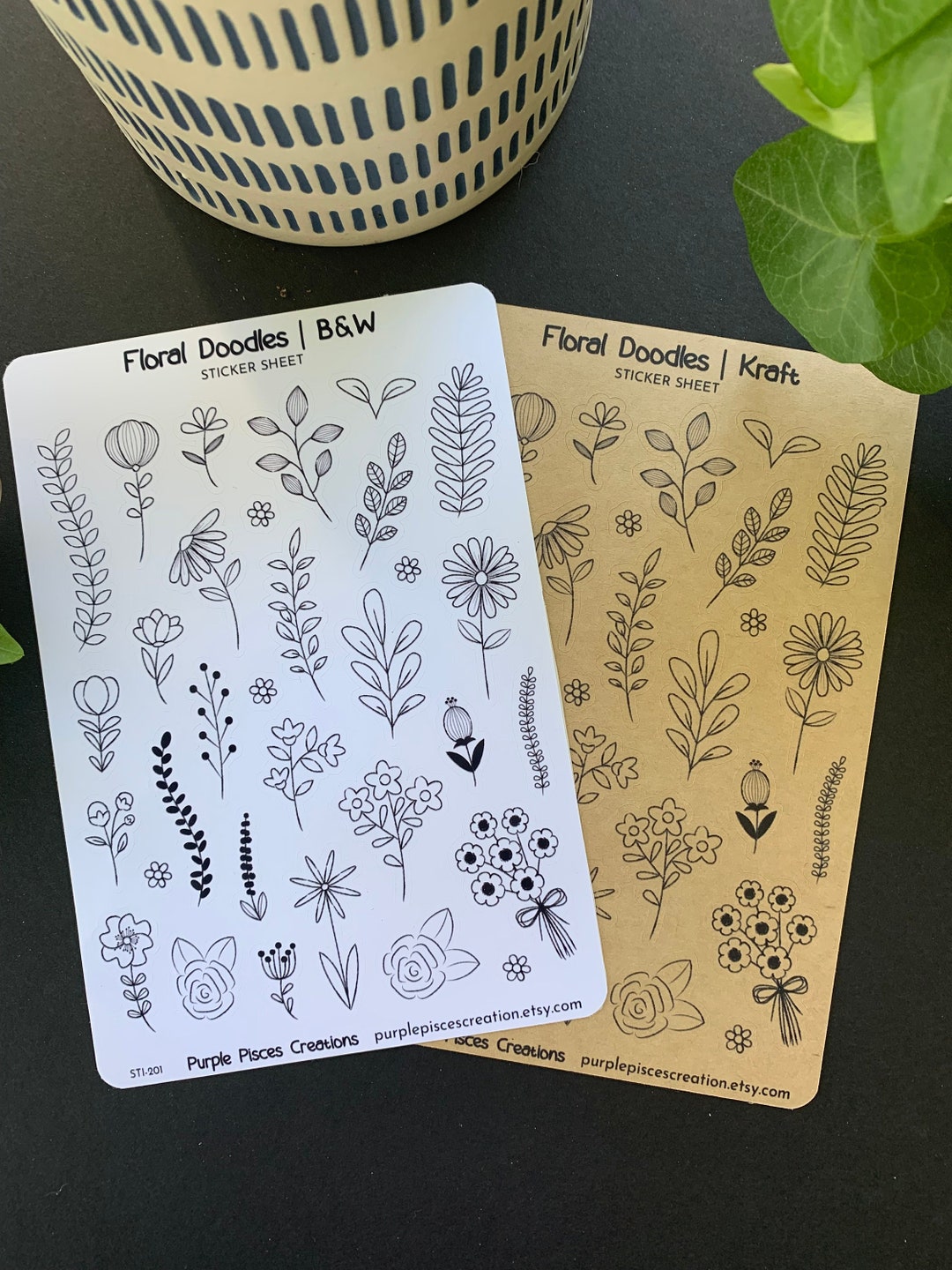 Floral Doodles Sticker Sheet | Kraft OR B&W | 32 Floral Stickers ...