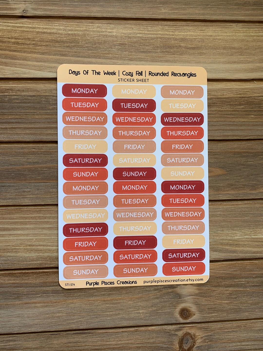 Days of the Week Cozy Fall Theme Rounded Rectangles Sticker Sheet 6 ...