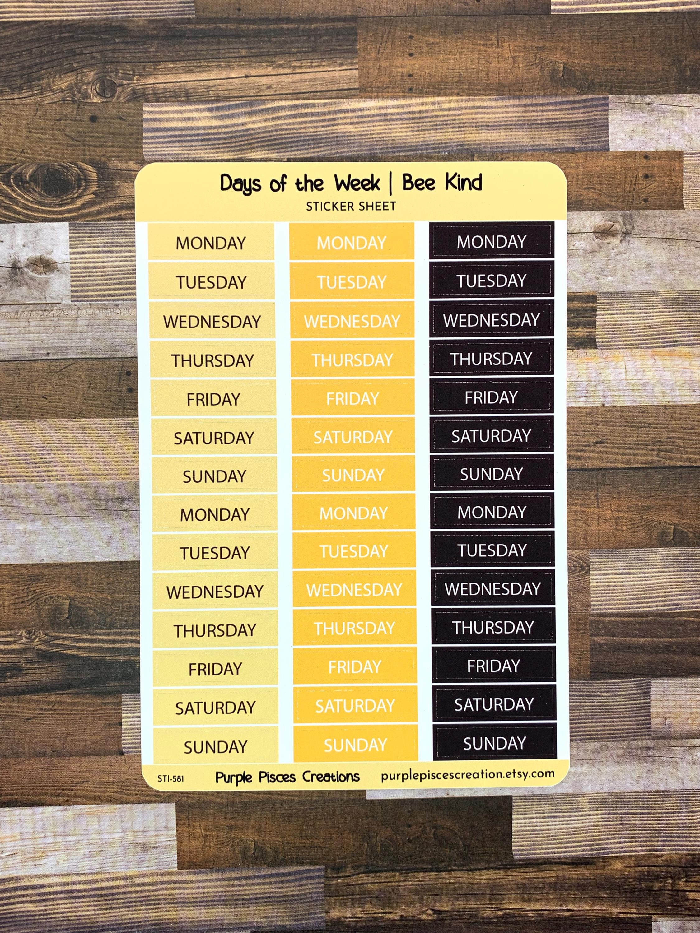 Days of the Week Bee Kind Sticker Sheet | 6 Wks | Each Day is 1.25"w X ...