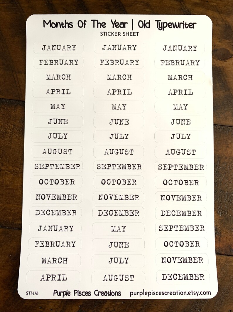 Months of the Year - Old Typewriter Sticker Sheet | JANUARY - DECEMBER ...