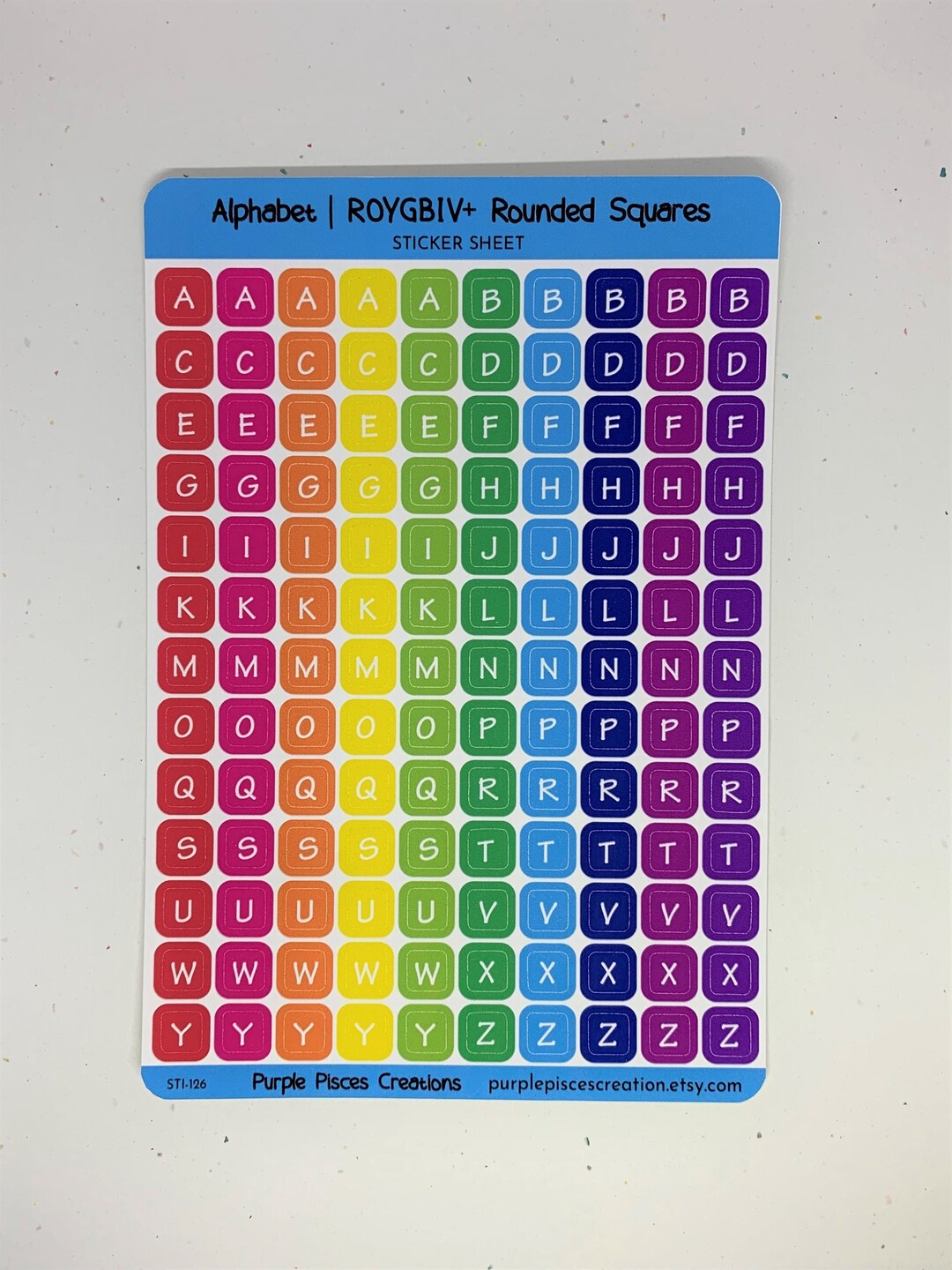 Alphabet on Rounded Squares, ROYGBIV+ Colors, ALL CAPS, Sticker Sheet ...