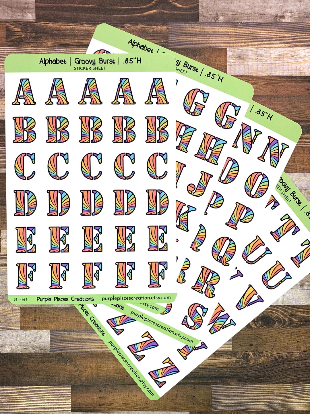 Alphabet | Groovy Burst Sticker Sheet | 4 Sheets Total) Each Letter is ...