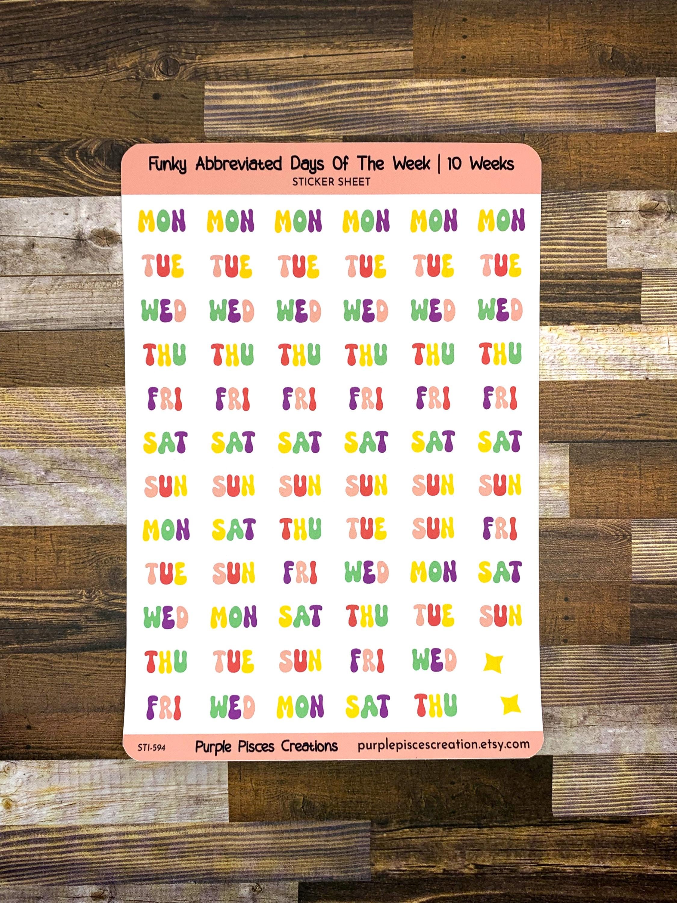 Abbreviated Days of the Week Sticker Sheet | FUNKY Color Palette | 10 ...