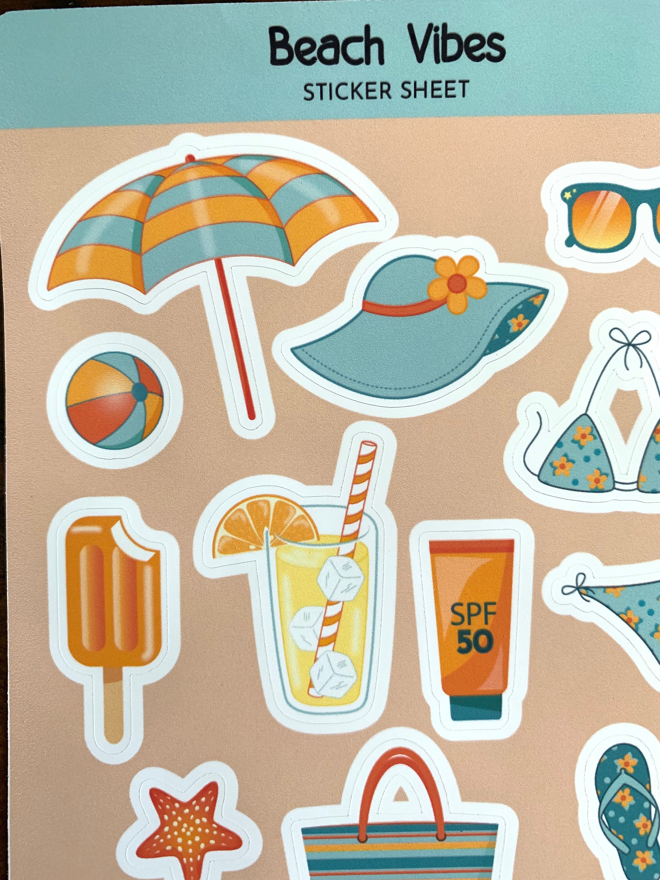 Beach Vibes Sticker Sheet | Beach Themed Decorative Sticker Sheet for ...
