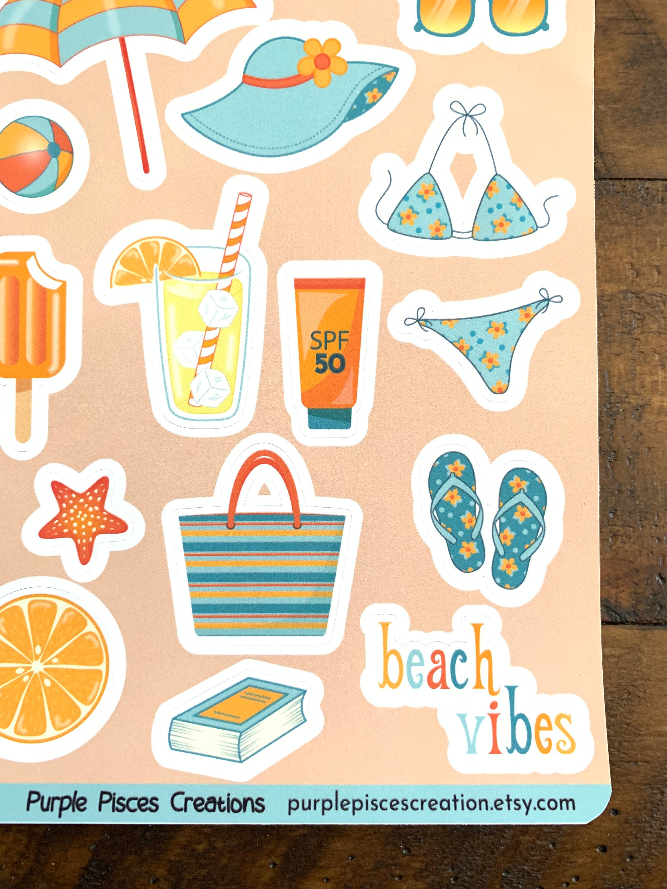 Beach Vibes Sticker Sheet | Beach Themed Decorative Sticker Sheet for ...