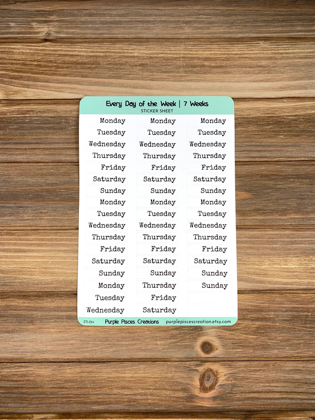 Every Day of the Week Sticker Sheet | 7 Weeks | Monday - Sunday | Each ...