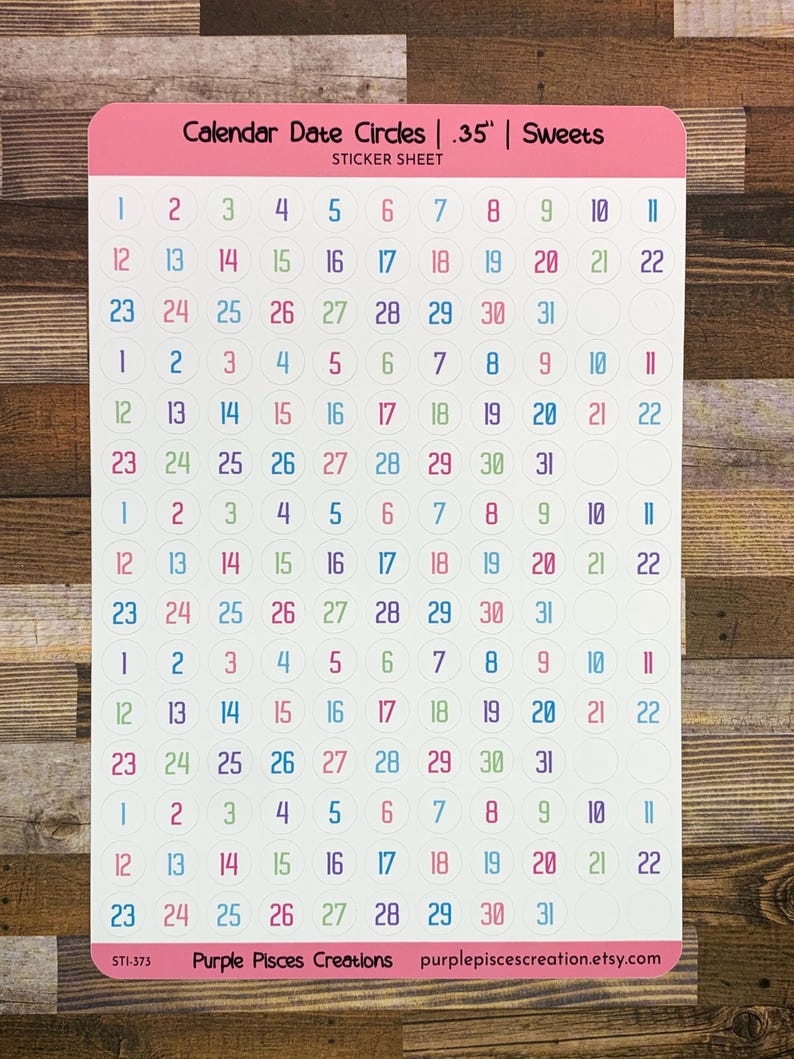 Calendar Date Circles Sticker Sheet | Choose From 5 Color Schemes | 5 ...