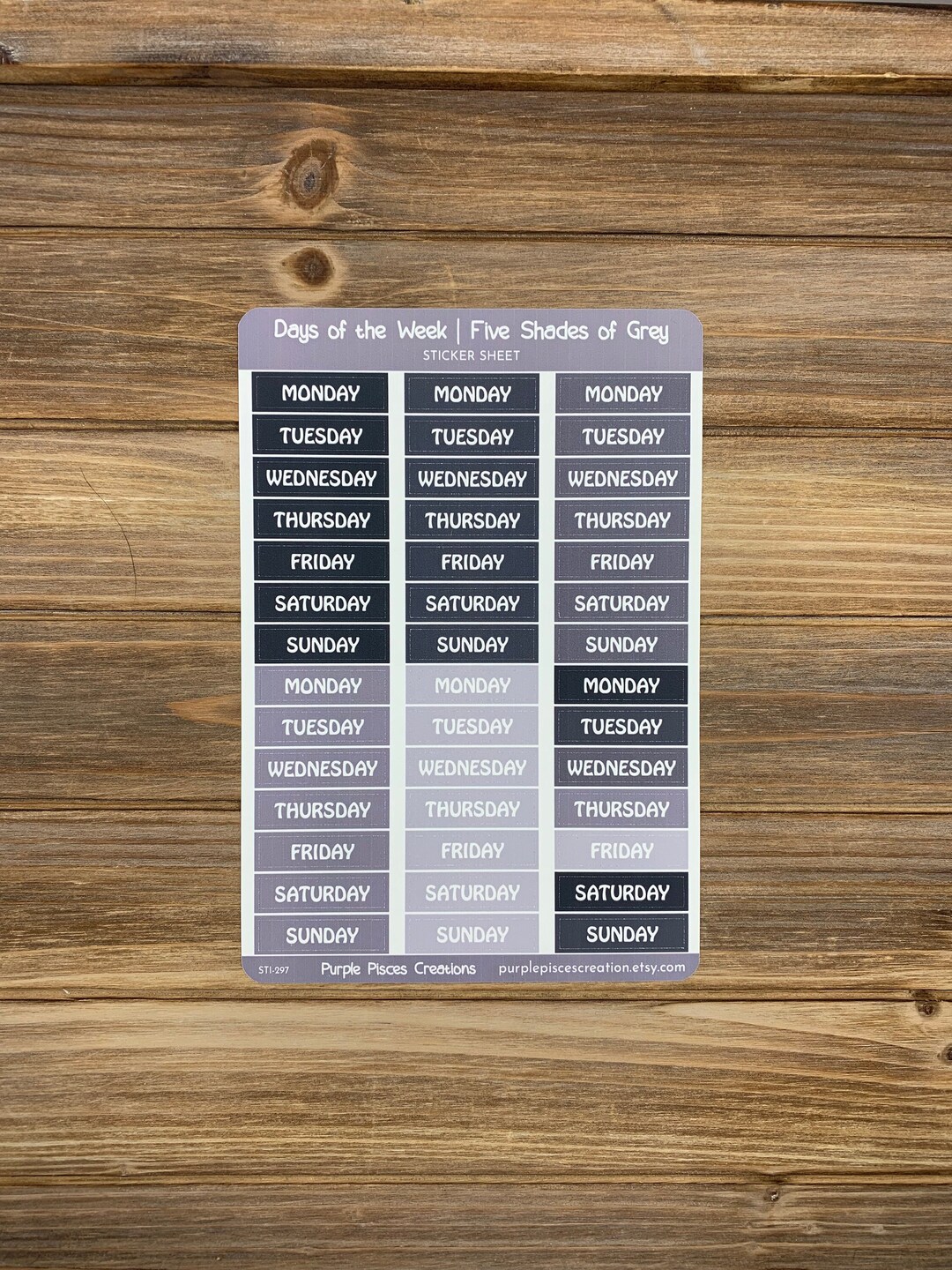 Days of the Week Sticker Sheet Five Shades of Grey Color Palette 6 ...