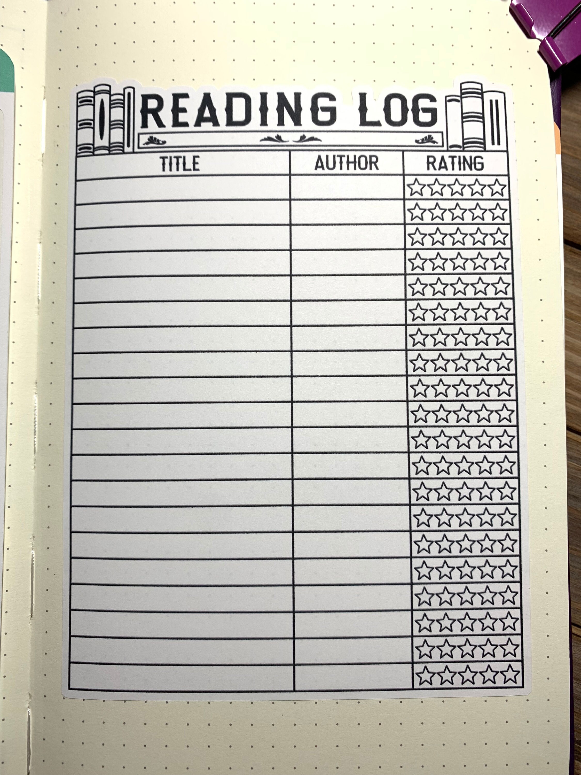 Reading Log Sticker | 4.4"w X 5.9"h | Title, Author, and Rating Columns ...