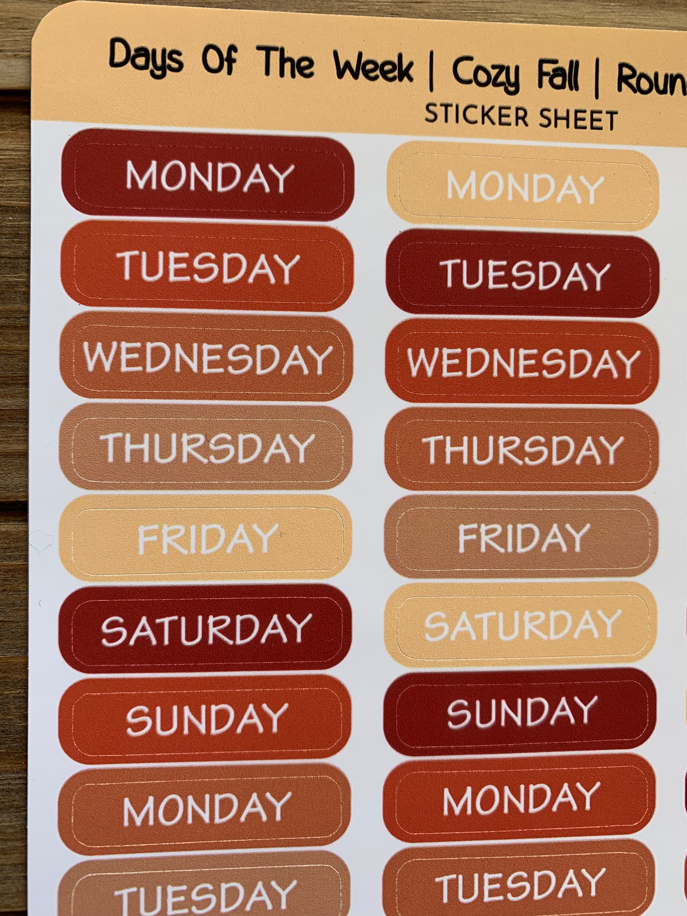 Days of the Week - Cozy Fall Theme Rounded Rectangles Sticker Sheet | 6 ...