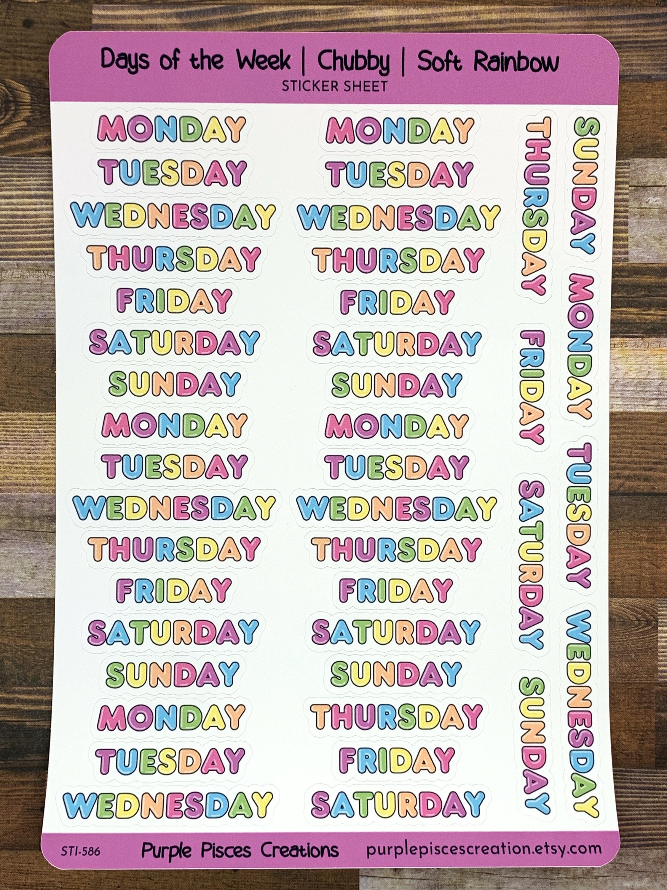 Days of the Week Sticker Sheet | Chubby | Soft Rainbow Color Scheme | 6 ...