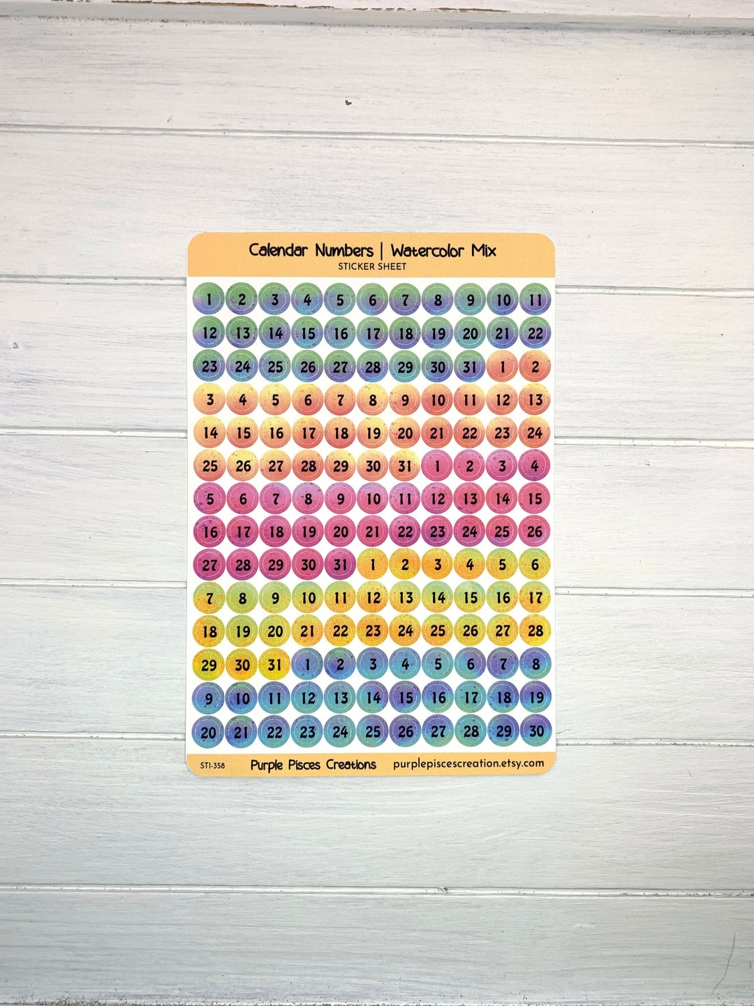Calendar Numbers Sticker Sheet | Watercolor Mix Color Palette | Each ...