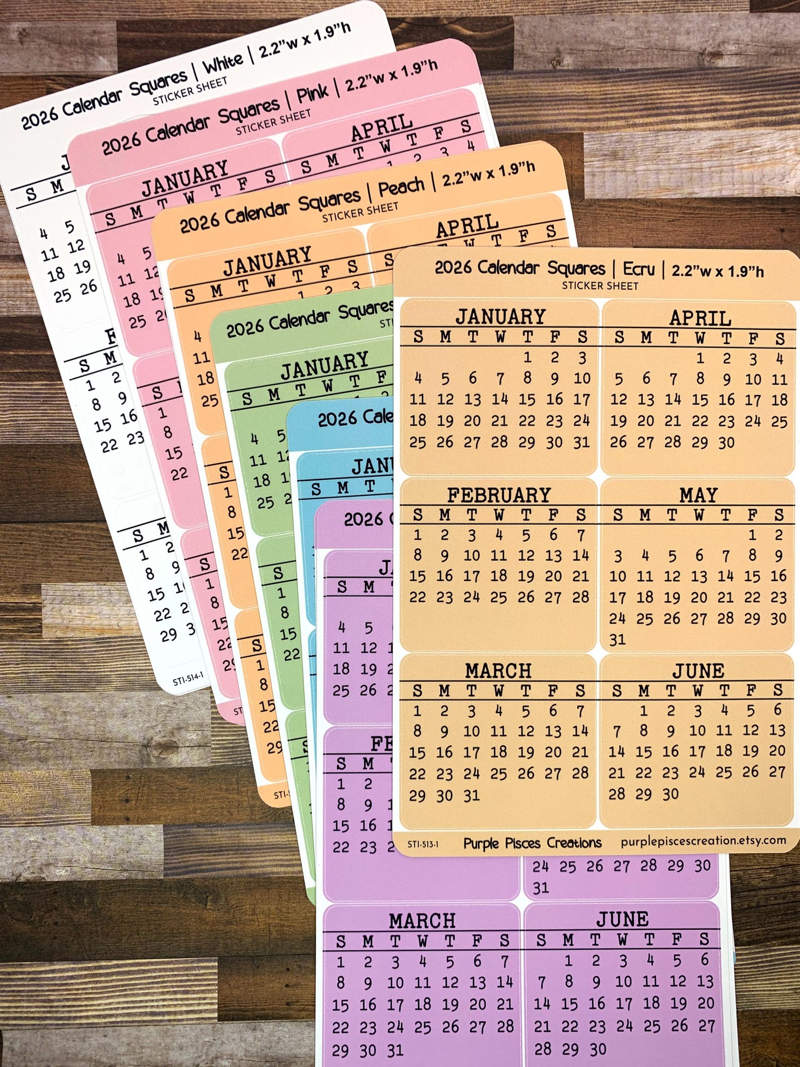 2026 Calendar Squares Sticker Sheet | Rounded Squares | Choice of 7 ...